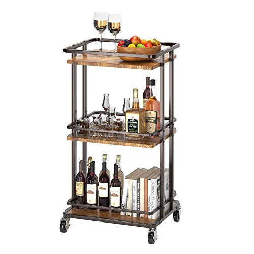 XYZLVSI 3-Tier Rolling Serving Bar Cart, Wood and Metal Kitchen Island Storage Cart with Wheels, Multifunction Utility Cart Storage Rack for Home, Kitchen, Bar, Dinning Room, Living Room (Brown)