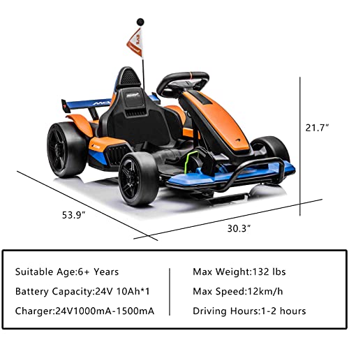 AVRCECI Electric Go Kart, 24v Ride on Toys for Big Kids, Licensed Mclaren Go Cart with Drift Race Pedal, 2 Speeds Drift Kart with Damping System, Music, Racing Flag, Seat Belt