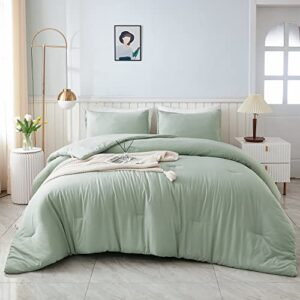 Litanika Comforter Full Size Set Sage Green, 3 Pieces Lightweight Bed Comforter Full, Solid Summer Bedding Comforters & Sets, Soft All Season Quilt Blanket (79x90In Comforter & 2 Pillowcases)