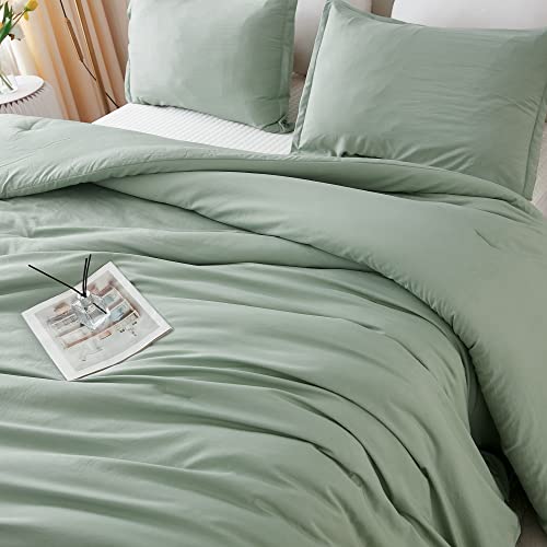 Litanika Comforter Full Size Set Sage Green, 3 Pieces Lightweight Bed Comforter Full, Solid Summer Bedding Comforters & Sets, Soft All Season Quilt Blanket (79x90In Comforter & 2 Pillowcases)