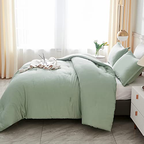 Litanika Comforter Full Size Set Sage Green, 3 Pieces Lightweight Bed Comforter Full, Solid Summer Bedding Comforters & Sets, Soft All Season Quilt Blanket (79x90In Comforter & 2 Pillowcases)