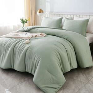 Litanika Comforter Full Size Set Sage Green, 3 Pieces Lightweight Bed Comforter Full, Solid Summer Bedding Comforters & Sets, Soft All Season Quilt Blanket (79x90In Comforter & 2 Pillowcases)