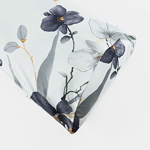 YuHeGuoJi Floral Duvet Cover Queen Size 100% Egyptian Cotton Light Blue Botanical Duvet Cover 3 Pcs Set 1 Garden Plant Branches Patterned Duvet Cover with Zipper Ties Grey Flower Bedding Set Soft