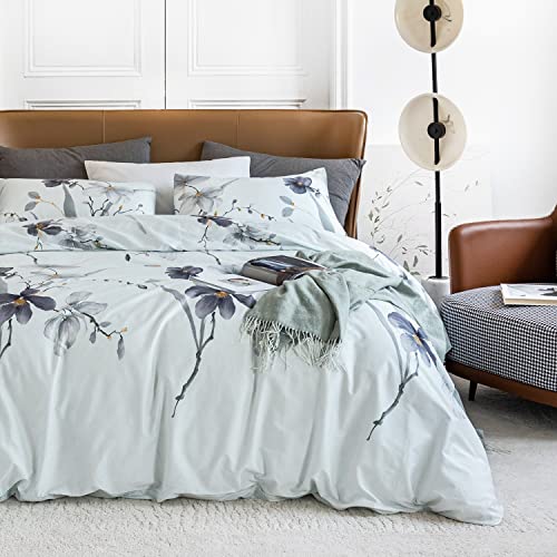 YuHeGuoJi Floral Duvet Cover Queen Size 100% Egyptian Cotton Light Blue Botanical Duvet Cover 3 Pcs Set 1 Garden Plant Branches Patterned Duvet Cover with Zipper Ties Grey Flower Bedding Set Soft