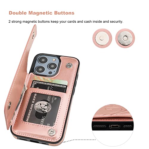 Vaburs Compatible with iPhone 14 Pro Max Case Wallet with Card Holder,Embossed Butterfly Pattern PU Leather Double Buttons Flip Protective Shockproof Cover for Magnetic Car Mount 6.7 Inch (Rose Gold)