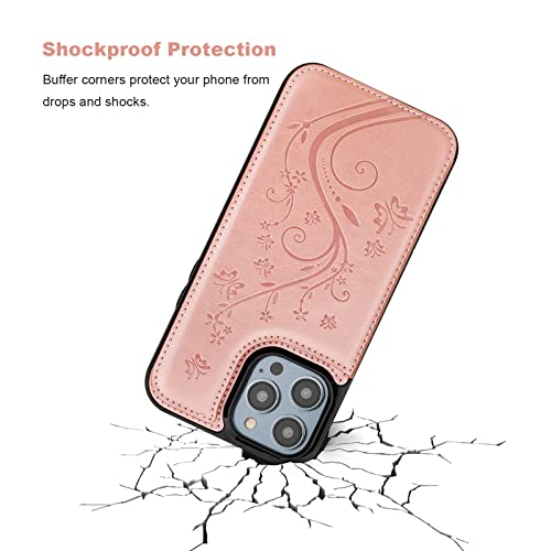 Vaburs Compatible with iPhone 14 Pro Max Case Wallet with Card Holder,Embossed Butterfly Pattern PU Leather Double Buttons Flip Protective Shockproof Cover for Magnetic Car Mount 6.7 Inch (Rose Gold)