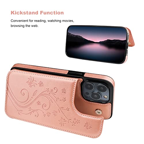 Vaburs Compatible with iPhone 14 Pro Max Case Wallet with Card Holder,Embossed Butterfly Pattern PU Leather Double Buttons Flip Protective Shockproof Cover for Magnetic Car Mount 6.7 Inch (Rose Gold)