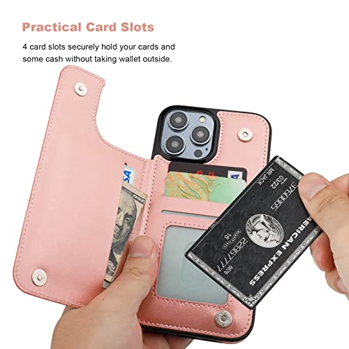 Vaburs Compatible with iPhone 14 Pro Max Case Wallet with Card Holder,Embossed Butterfly Pattern PU Leather Double Buttons Flip Protective Shockproof Cover for Magnetic Car Mount 6.7 Inch (Rose Gold)