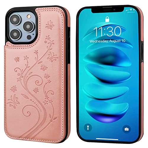 Vaburs Compatible with iPhone 14 Pro Max Case Wallet with Card Holder,Embossed Butterfly Pattern PU Leather Double Buttons Flip Protective Shockproof Cover for Magnetic Car Mount 6.7 Inch (Rose Gold)