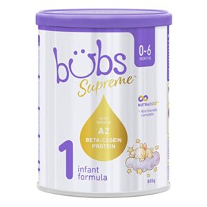 bubs supreme infant formula, stage 1, infants 0-6 months, made with a2 beta-casein protein cows milk, 28.2 oz