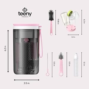 Teeny Travels Baby Bottle Cleaning Kit - Extendable Silicone Cleaning Brush, Built in Drying Rack, Straw Cleaner and Nipple Brush - Easy to Clean, Made for Travel, Family Friendly (Pink)