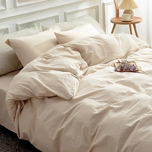 NEXHOME PRO Duvet Cover Set Queen Size Linen Feel Textured Organic Natural 100% Washed Cotton Duvet Cover Beige Cream 3 Pieces Bedding Set with Zipper Closure, Breathable, Soft (No Comforter)