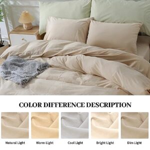 NEXHOME PRO Duvet Cover Set Queen Size Linen Feel Textured Organic Natural 100% Washed Cotton Duvet Cover Beige Cream 3 Pieces Bedding Set with Zipper Closure, Breathable, Soft (No Comforter)