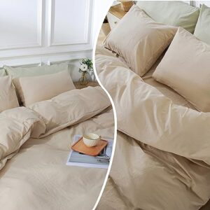 NEXHOME PRO Duvet Cover Set Queen Size Linen Feel Textured Organic Natural 100% Washed Cotton Duvet Cover Beige Cream 3 Pieces Bedding Set with Zipper Closure, Breathable, Soft (No Comforter)