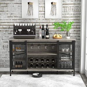 QNICE Industrial Wine Bar Cabinet / 55" Sliding Barn Door Coffee Bar Cabinet/Farmhouse Bar Cabinet with Wine Rack/Dark Rustic Oak/Easy Assembly