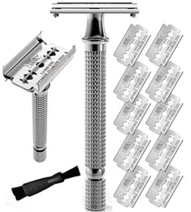 viking revolution long handle double edge safety razor - butterfly open razor with 10 japanese stainless steel double edge safety razor blades - close, clean shaving razor for men (chrome metal razor)