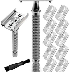 Viking Revolution Long Handle Double Edge Safety Razor - Butterfly Open Razor with 10 Japanese Stainless Steel Double Edge Safety Razor Blades - Close, Clean Shaving Razor for Men (Chrome Metal Razor)