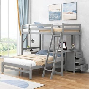 twin over full wood bunk bed frame loft beds with built-in desk and three drawers, no box spring needed, gray