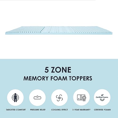 Mellow 2 Inch 5-Zone Memory Foam Mattress Topper, Cooling Gel Infusion, Queen