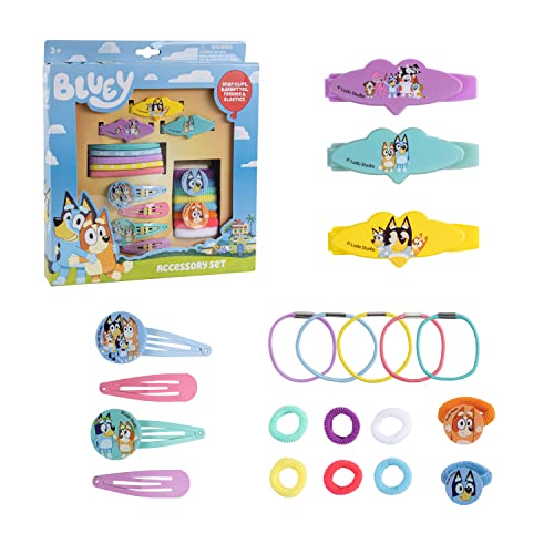 Luv Her Bluey Girls 20 Piece Accessory Set with 3 Barrettes, 4 Snap Hair Clips, 5 Elastics and 8 Terry Ponies- Ages 3+