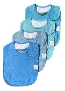 isabeli large toddler organic cotton bibs, unisex 4-pack for feeding, drooling, adjustable (blues)