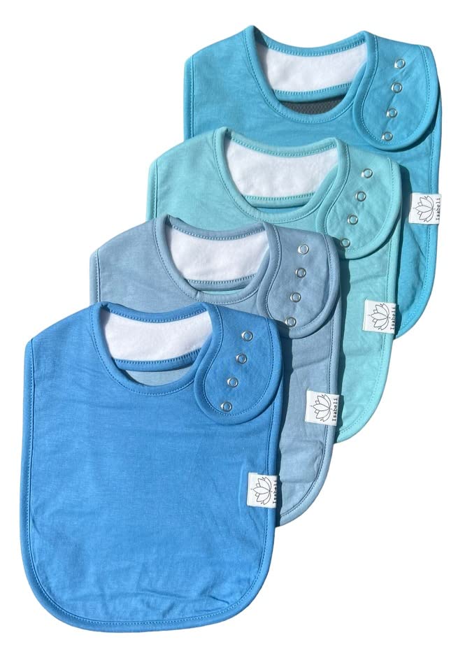 Isabeli Large Toddler Organic Cotton Bibs, Unisex 4-pack for Feeding, Drooling, Adjustable (Blues)