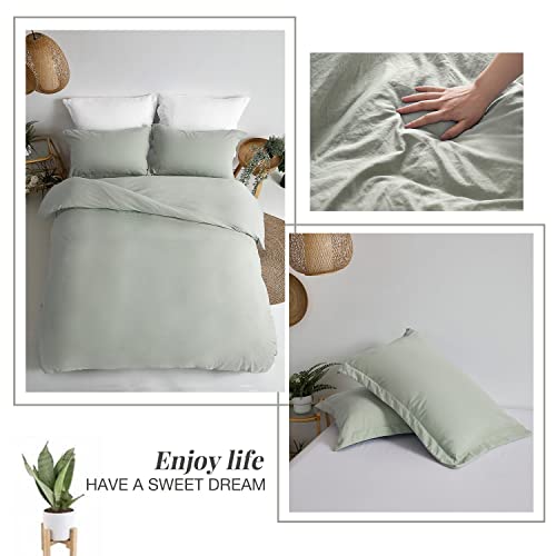 MILDLY Queen Duvet Cover - 100% Washed Microfiber Super Soft October Mist Sage Comforter Cover Set 3 Pieces Bedding Set with Zipper Closure & Corner Ties