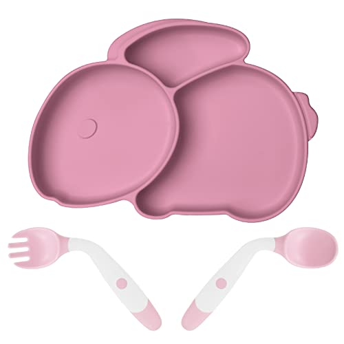 Vicloon Toddler Plates with Suction, Toddler Plates with Spoon & Fork, 100% Food-Grade Silicone Divided Design, Non-Slip, Microwave and Dishwasher Safe