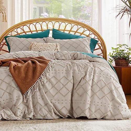 Bedsure Boho Duvet Cover Queen - Boho Bedding, Tufted Queen Duvet Cover for All Seasons, 3 Pieces Embroidery Shabby Chic Home Bedding Duvet Cover Set (Linen, Queen, 90x90)