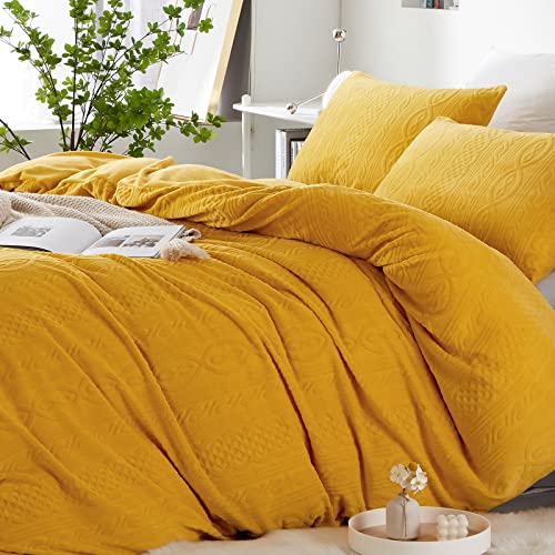 MorroMorn Queen Duvet Cover Set, Boho Bedding Sets Tufted, Fluffy Comforter Covers with Pillowcases Zipper - Soft Cozy Textured Luxury Modern Neutral Gold (Mustard Yellow, Full/Queen)