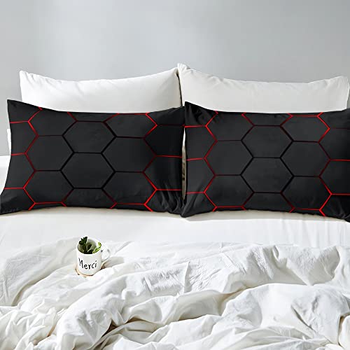 Honeycomb Duvet Cover Honeycomb Modern Geometry Hexagon Theme Bedding Set for Kids Boys Children Geometrical Comforter Cover Set Ultra Soft Beehive Black Red Decor Bedspread Cover Twin Size Zipper