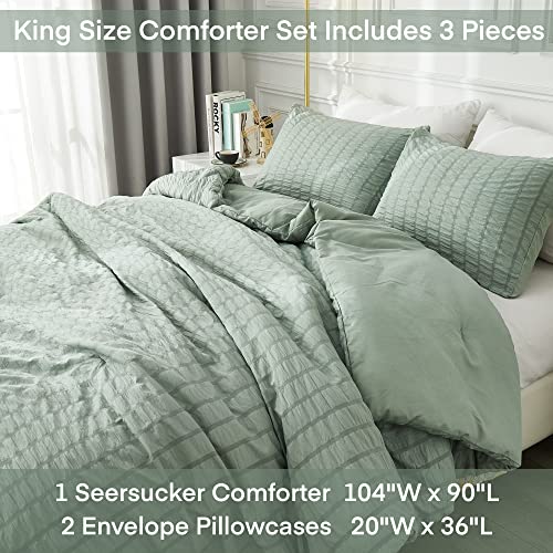 AveLom Sage Green Seersucker King Comforter Set (104x90 inches), 3 Pieces - 100% Soft Washed Microfiber Lightweight Comforter with 2 Pillowcases, All Season Down Alternative Comforter Set for Bedding