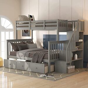 harper & bright designs twin over full bunk bed with stairs, solid wood stairway bunk bed frame with storage drawers for kids teens adults, bedroom, dorm (gray)