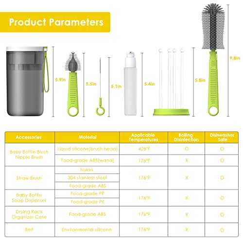 Winforhour Baby Bottle Brush Set with Silicone Bottle Cleaner and Drying Rack, Baby Travel Essential, Gift for New Parents, Green