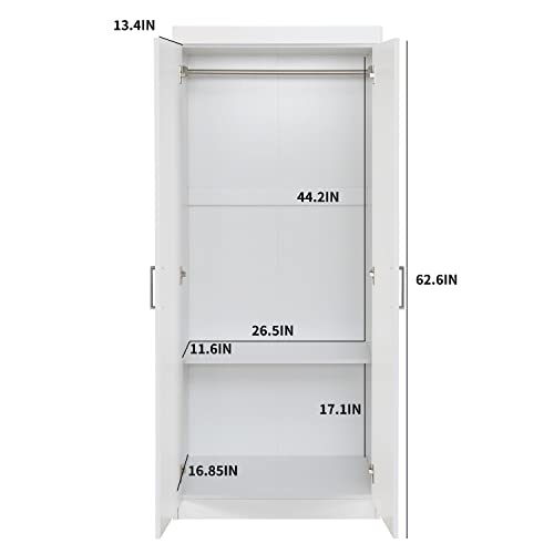 FurnitureR Wardrobe Armoires 2-Door Storage Cabinet with Adjustable Shelf/Hanging Rod, Modern Simple Style Armoire Clothes Closet for Bedroom, White