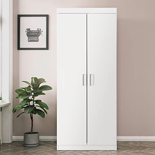 FurnitureR Wardrobe Armoires 2-Door Storage Cabinet with Adjustable Shelf/Hanging Rod, Modern Simple Style Armoire Clothes Closet for Bedroom, White