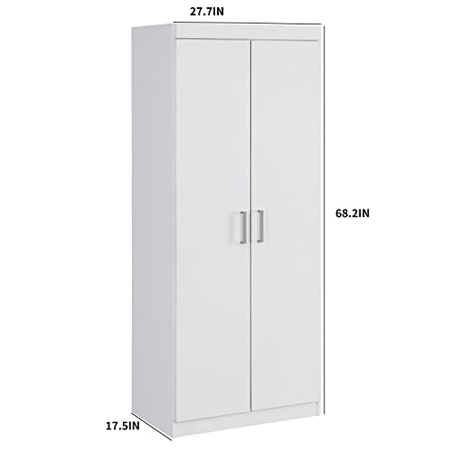 FurnitureR Wardrobe Armoires 2-Door Storage Cabinet with Adjustable Shelf/Hanging Rod, Modern Simple Style Armoire Clothes Closet for Bedroom, White