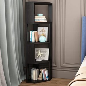 min win 5 tier corner shelf bookcase wooden display bookshelf storage rack,standing tall corner bookshelf display unit storage rack,multipurpose shelving unit for living room and home office, black