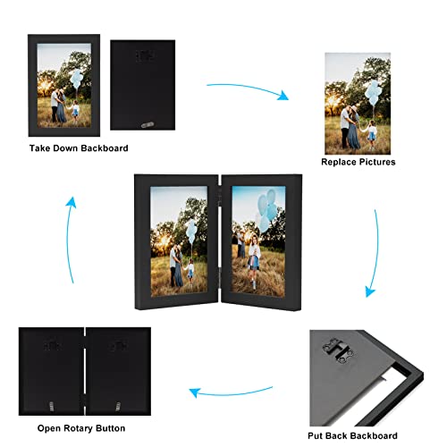 Janreefan Double Vertical & Horizontal Picture Frames Hinged Folding Photo Frames in Black Made of Pine Wood with Real Glass for Wall Hanging or Tabletop Standing, Display Pictures 4x6 with Mat or 5x7 Without Mat P-S57H75-HEI