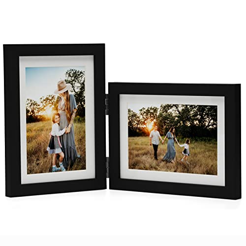 Janreefan Double Vertical & Horizontal Picture Frames Hinged Folding Photo Frames in Black Made of Pine Wood with Real Glass for Wall Hanging or Tabletop Standing, Display Pictures 4x6 with Mat or 5x7 Without Mat P-S57H75-HEI