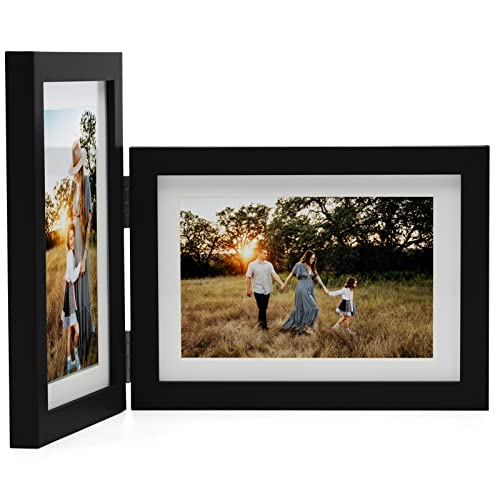 Janreefan Double Vertical & Horizontal Picture Frames Hinged Folding Photo Frames in Black Made of Pine Wood with Real Glass for Wall Hanging or Tabletop Standing, Display Pictures 4x6 with Mat or 5x7 Without Mat P-S57H75-HEI