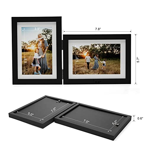 Janreefan Double Vertical & Horizontal Picture Frames Hinged Folding Photo Frames in Black Made of Pine Wood with Real Glass for Wall Hanging or Tabletop Standing, Display Pictures 4x6 with Mat or 5x7 Without Mat P-S57H75-HEI