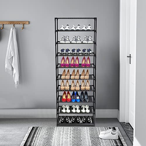 LFGUD 10 Tiers Shoe Rack, Simple Houseware 10-Tier Shoe Rack Storage Organizer 30-Pair, Easy Assembled Shoe Tower Stand, Sturdy Shoe Stand, Non-Woven Fabric Shoe Shelf Organizer Closet for Home, Black