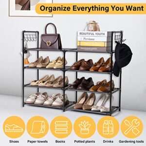 Elechotfly 16-20 Pairs Shoe Storage Organizer, 4 Tiers Shoe Rack/Stand, Easy Assembly Stackable Sturdy Shoe Tower with 2 Hooks, Metal Shelf for Entryway, Closet, Garage, Bedroom, Cloakroom