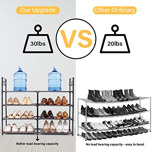 Elechotfly 16-20 Pairs Shoe Storage Organizer, 4 Tiers Shoe Rack/Stand, Easy Assembly Stackable Sturdy Shoe Tower with 2 Hooks, Metal Shelf for Entryway, Closet, Garage, Bedroom, Cloakroom