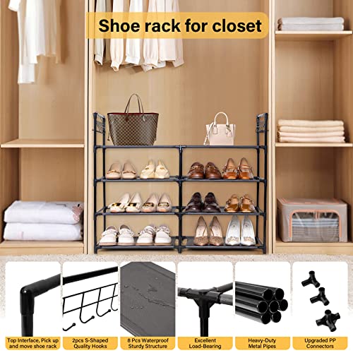 Elechotfly 16-20 Pairs Shoe Storage Organizer, 4 Tiers Shoe Rack/Stand, Easy Assembly Stackable Sturdy Shoe Tower with 2 Hooks, Metal Shelf for Entryway, Closet, Garage, Bedroom, Cloakroom