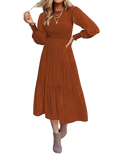 Tobrief Fall Dresses for Women Casual Smocked Beach Long Sleeve Midi Long Dress Rust L