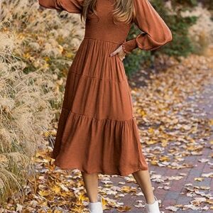 Tobrief Fall Dresses for Women Casual Smocked Beach Long Sleeve Midi Long Dress Rust L