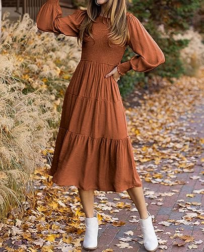 Tobrief Fall Dresses for Women Casual Smocked Beach Long Sleeve Midi Long Dress Rust L