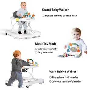 Kinder King Activity Baby Walker, 3 in 1 Folding Learning Walker for Boys Girls, Seated or Push Behind, Infant Activity Center w/Adjustable Height & Speed, Music & Lights Toys, Steering Wheel, Grey